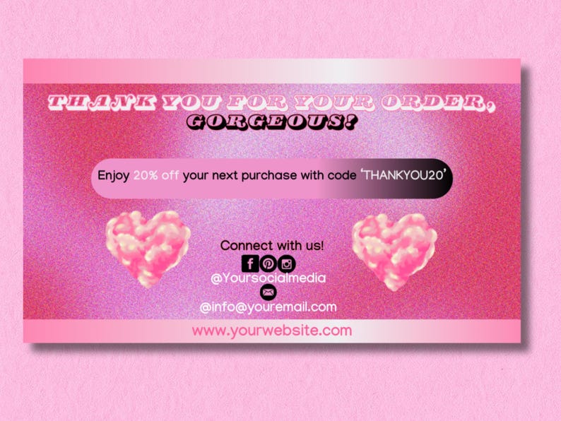 Y2K Heart Thank You Card Template, Canva, Pink Y2K Card, Editable Small ...