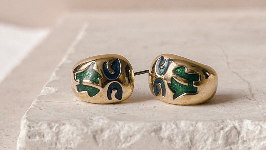 CIRO Gold Blue and Green Enamel Half Hoop Earrings - Etsy