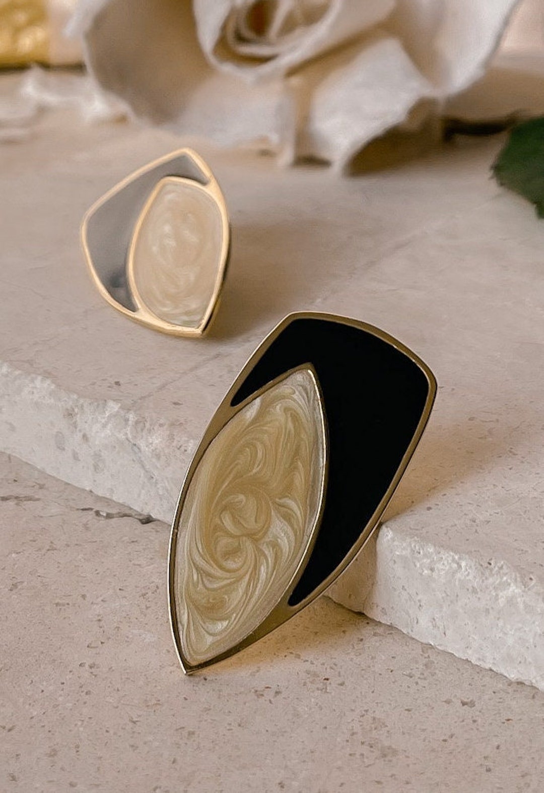 Vintage Monet Statement Gold Black Enamel and Shell Earrings - Etsy