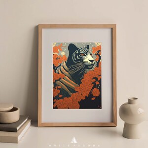Japanese Vintage Zen Tiger Illustration Wall Art #02, Beautiful Japandi ...