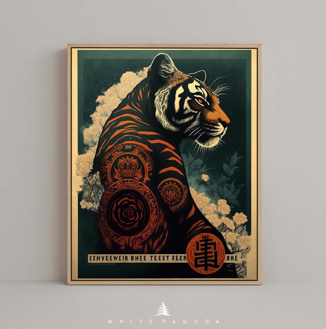 Japanese Vintage Zen Tiger Illustration Wall Art #03, Beautiful Japandi ...