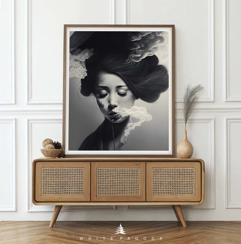 Japanese Smoke and Mist Geisha Portrait Wall Art #01, Beautiful Japandi ...
