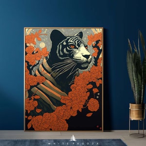 Japanese Vintage Zen Tiger Illustration Wall Art #02, Beautiful Japandi ...