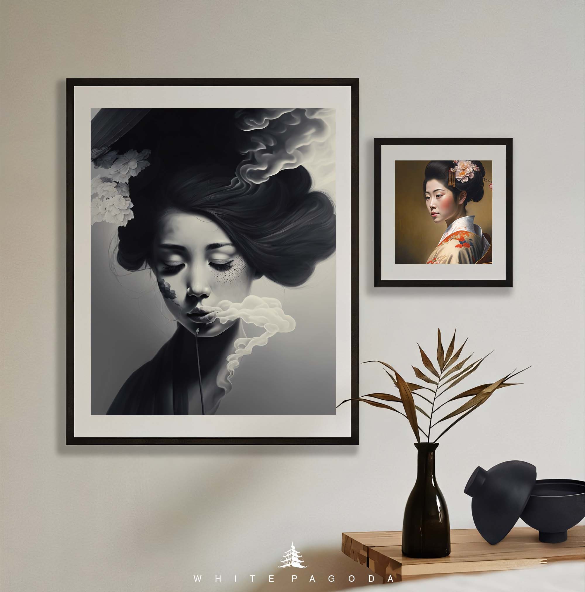 Japanese Smoke and Mist Geisha Portrait Wall Art #01, Beautiful Japandi ...