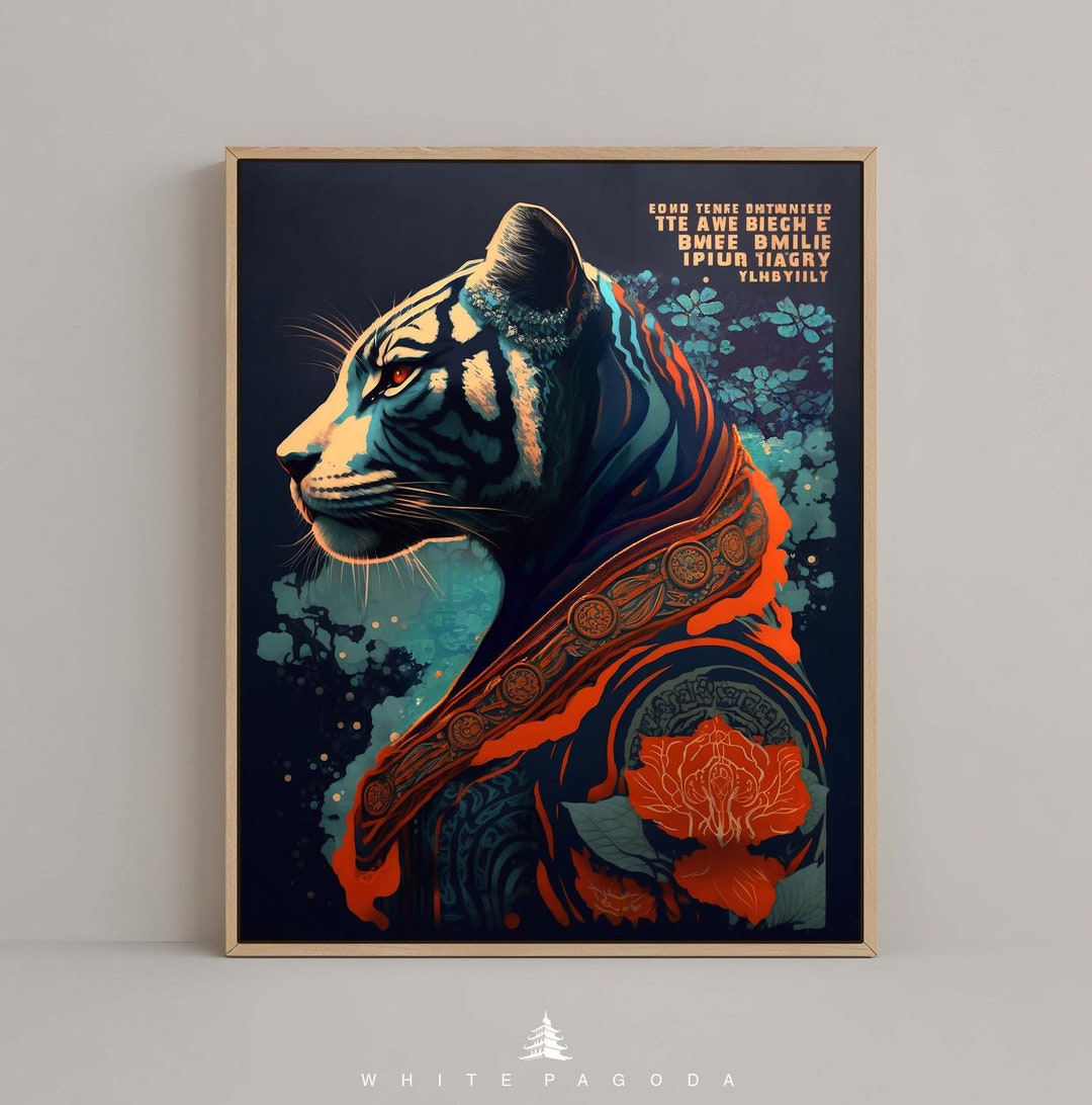 Japanese Vintage Zen Tiger Illustration Wall Art #04, Beautiful Japandi ...