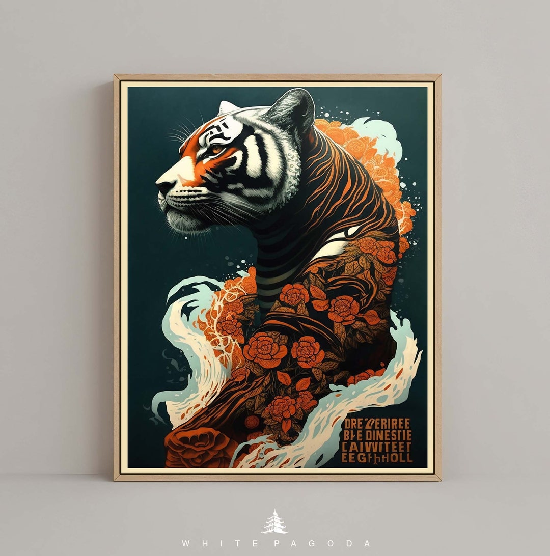 Japanese Vintage Zen Tiger Illustration Wall Art #01, Beautiful Japandi ...