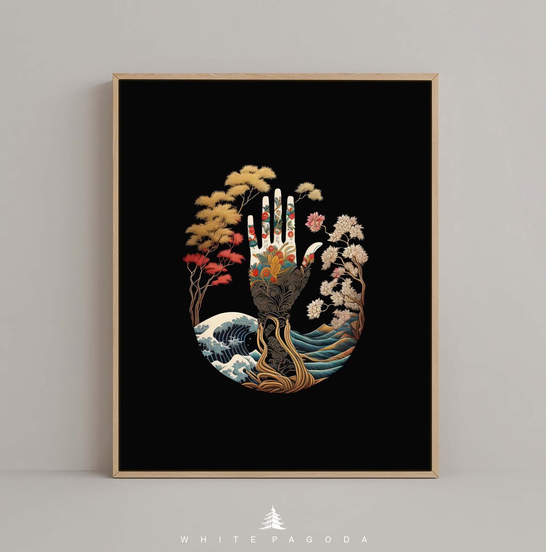 Japanese Zen Mother Nature Hand Wall Art #04, Japanese Colorful Flowers ...