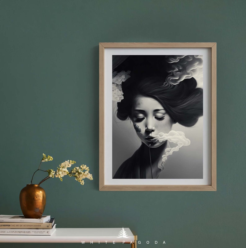 Japanese Smoke and Mist Geisha Portrait Wall Art #01, Beautiful Japandi ...