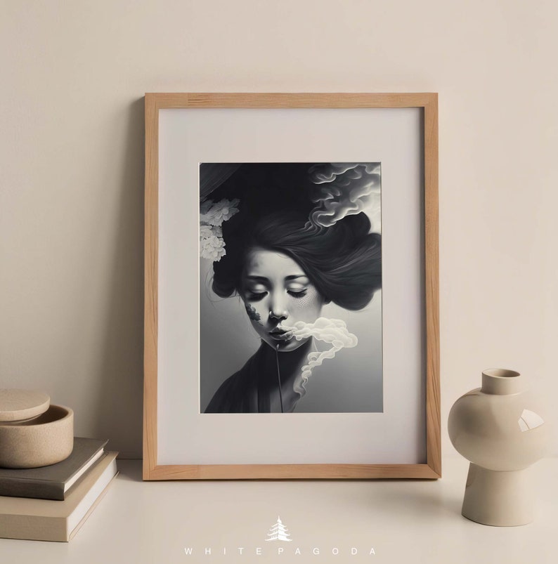 Japanese Smoke and Mist Geisha Portrait Wall Art #01, Beautiful Japandi ...