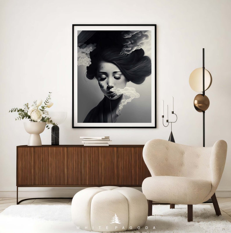 Japanese Smoke and Mist Geisha Portrait Wall Art #01, Beautiful Japandi ...