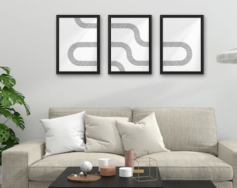 Black & White Mid Century Modern Art Print Set of 3, Neutral Geometric ...