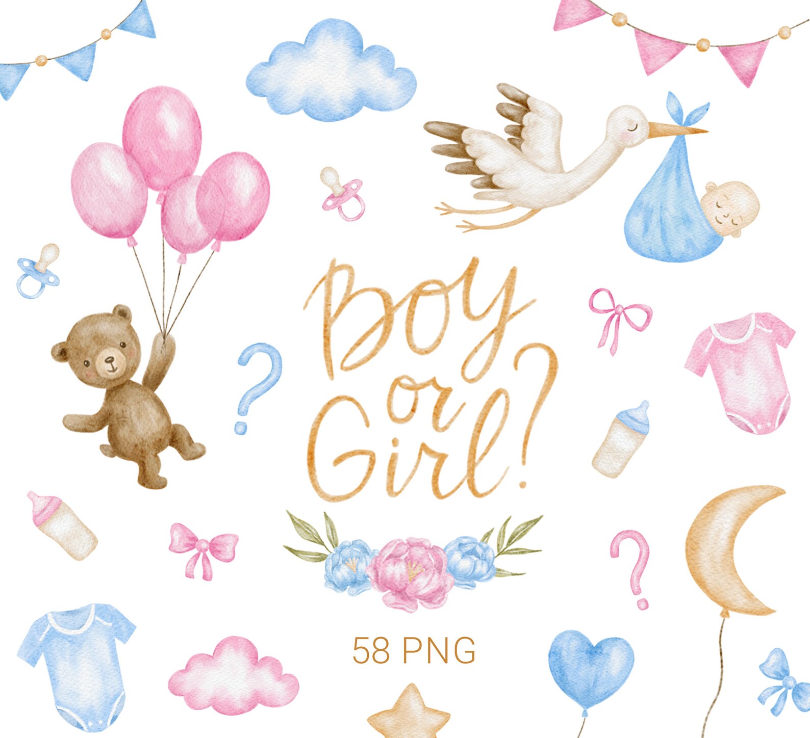 Gender Reveal Decorations Clipart, Watercolor Balloons Clipart, for Boy ...