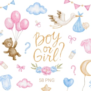 Gender Reveal Decorations Clipart, Watercolor Balloons Clipart, for Boy ...