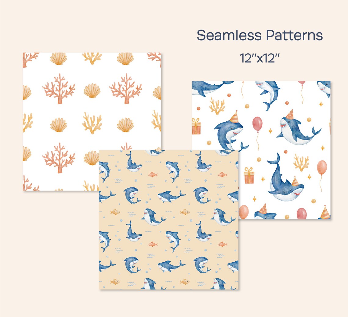 Watercolor Shark Digital Papper Pack, Shark Birthday Party Decorations ...