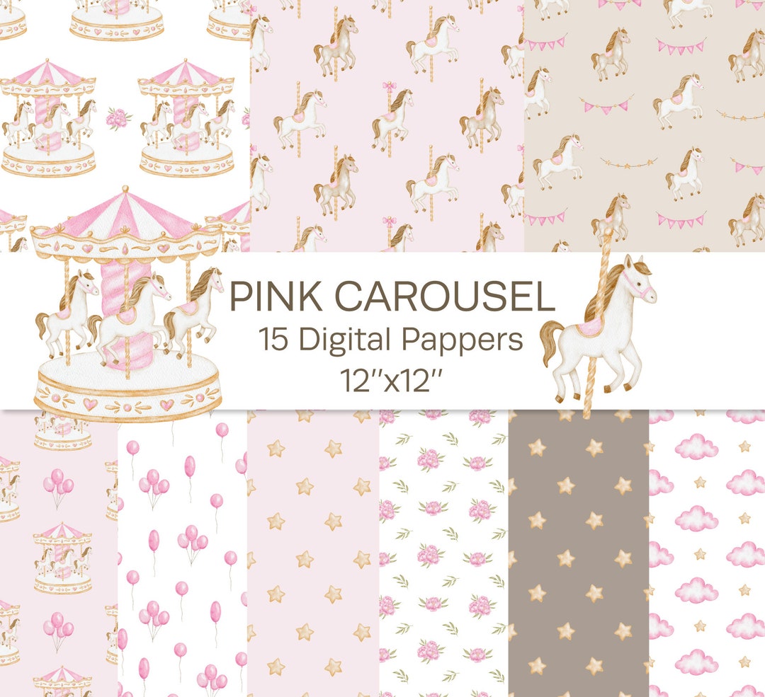 Watercolor Pink Carousel Digital Papper Pack, Carousel Horse Seamless Patterns, Nursery Decor - Etsy
