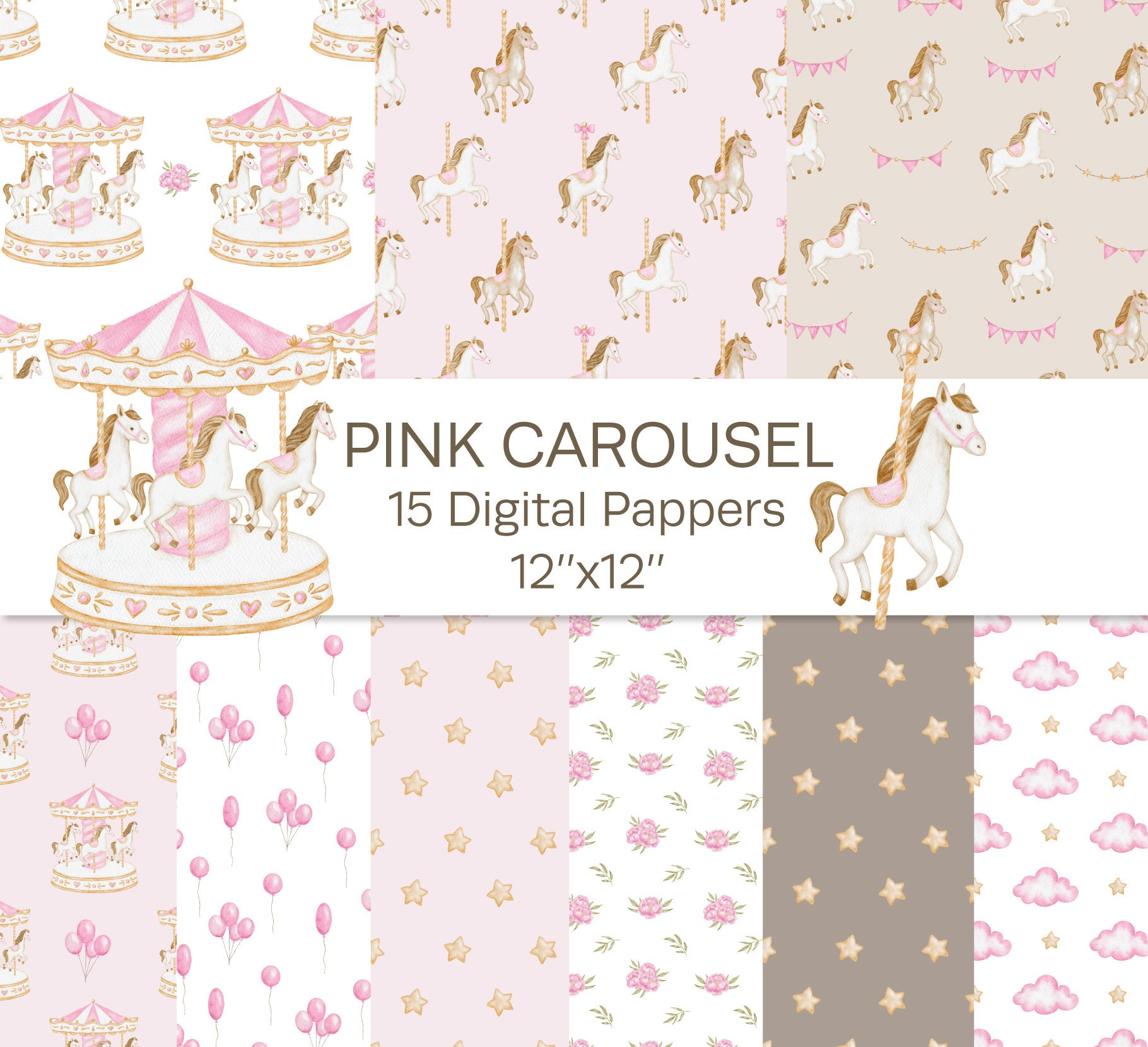 Watercolor Pink Carousel Digital Papper Pack, Carousel Horse Seamless ...