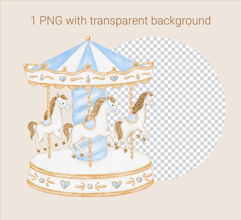 Watercolor Blue Carousel Clipart, Nursery Decor, Carousel Horse PNG ...