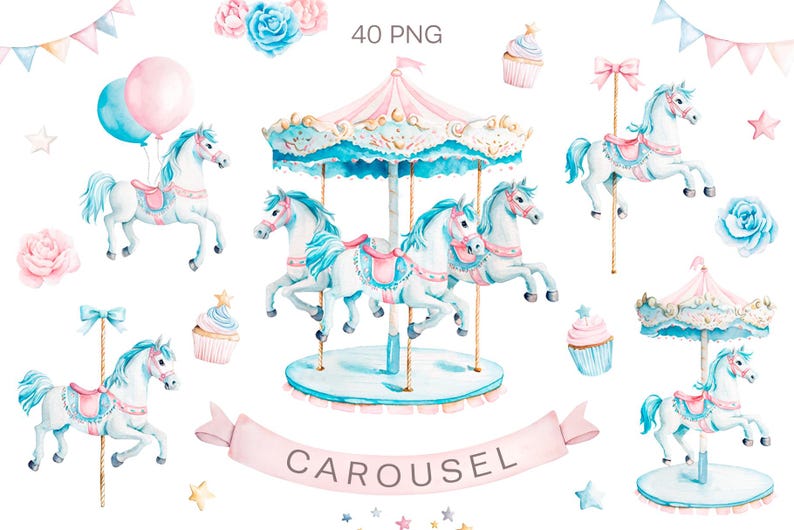 Watercolor Blue Carousel Clipart, Carousel Horse PNG, Nursery Decor ...