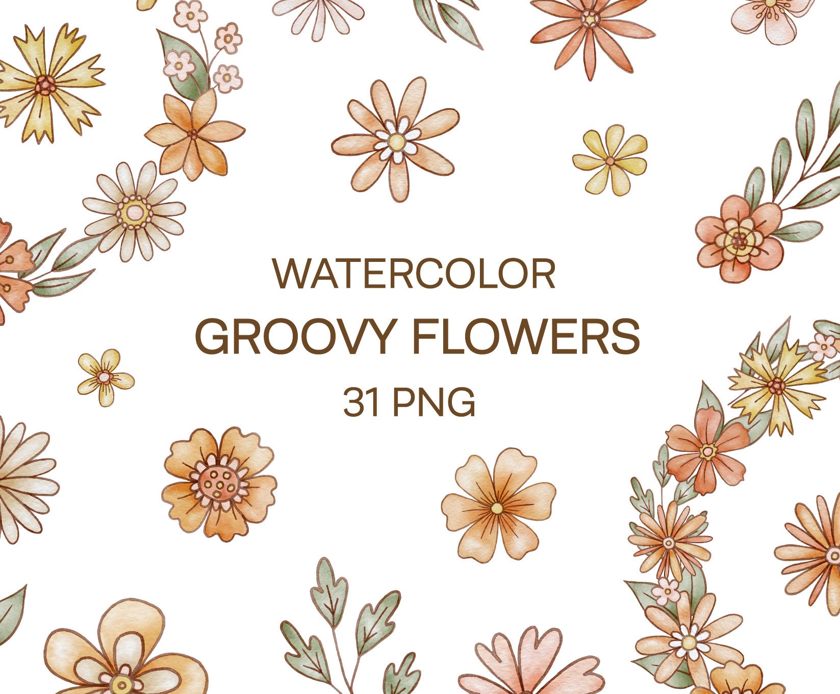 Watercolor Groovy Retro Flowers Clipart. Boho Floral Wreaths 70s ...