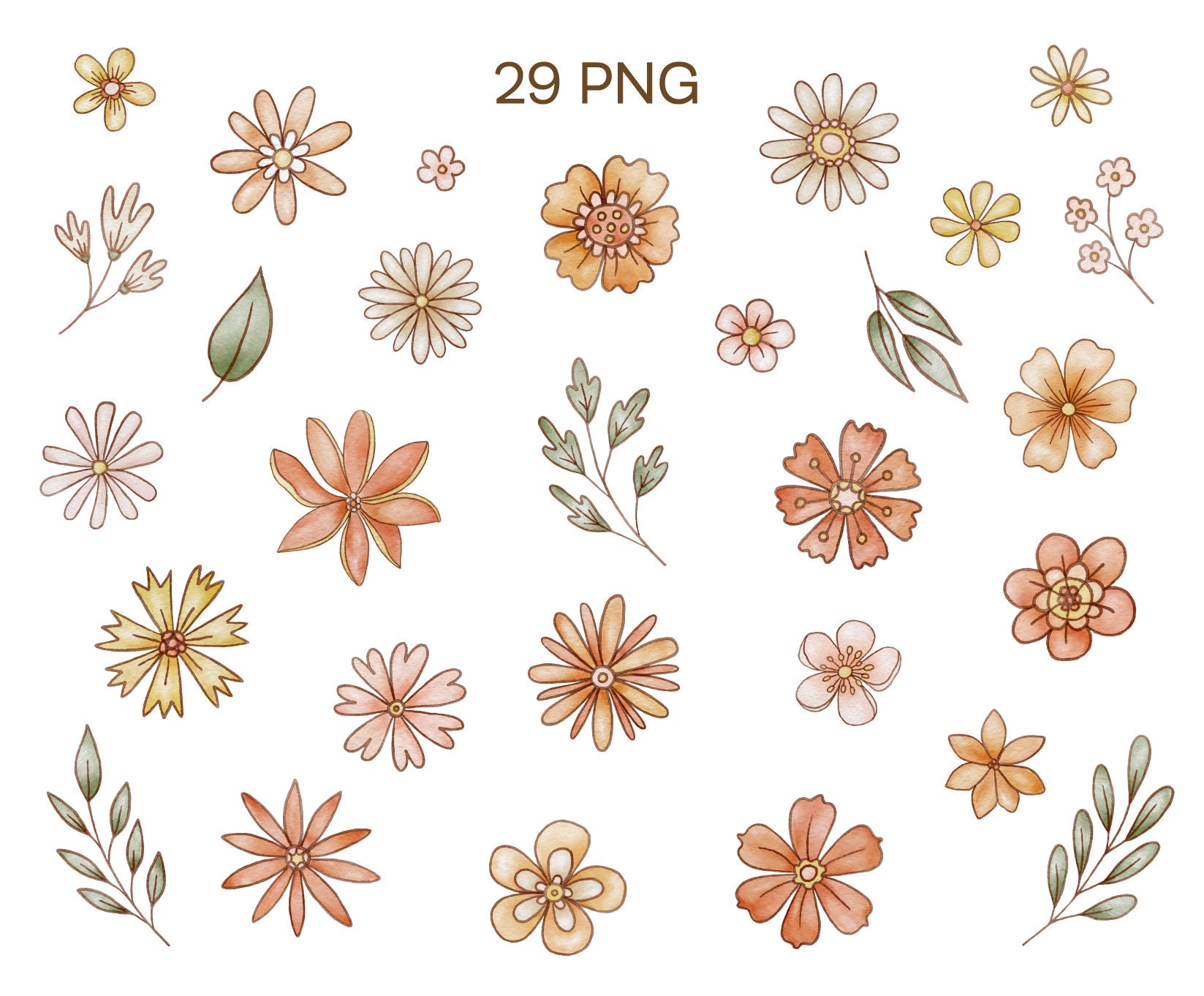 Watercolor Groovy Retro Flowers Clipart. Boho Floral Wreaths 70s ...