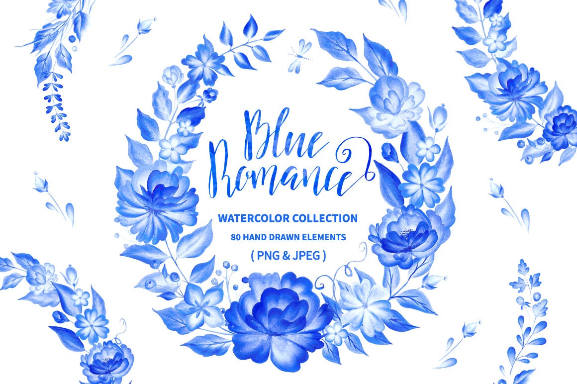 Blue Watercolor Digital Flowers Clipart. Floral Arrangements & Wreaths ...