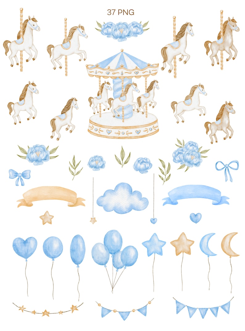 Watercolor Blue Carousel Clipart, Carousel Horse PNG, Nursery Decor ...