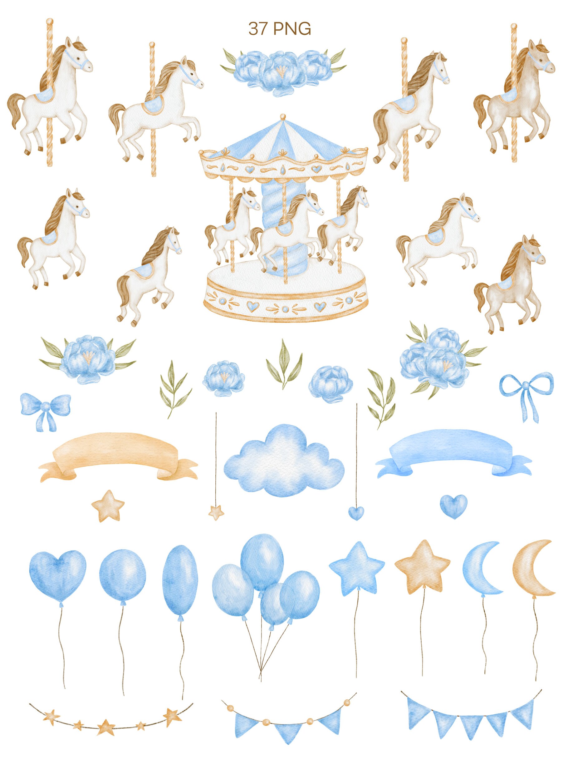 Watercolor Blue Carousel Clipart, Carousel Horse PNG, Nursery Decor ...
