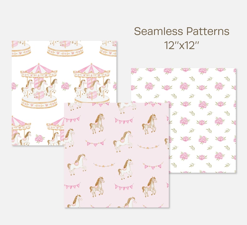 Watercolor Pink Carousel Digital Papper Pack, Carousel Horse Seamless Patterns, Nursery Decor - Etsy