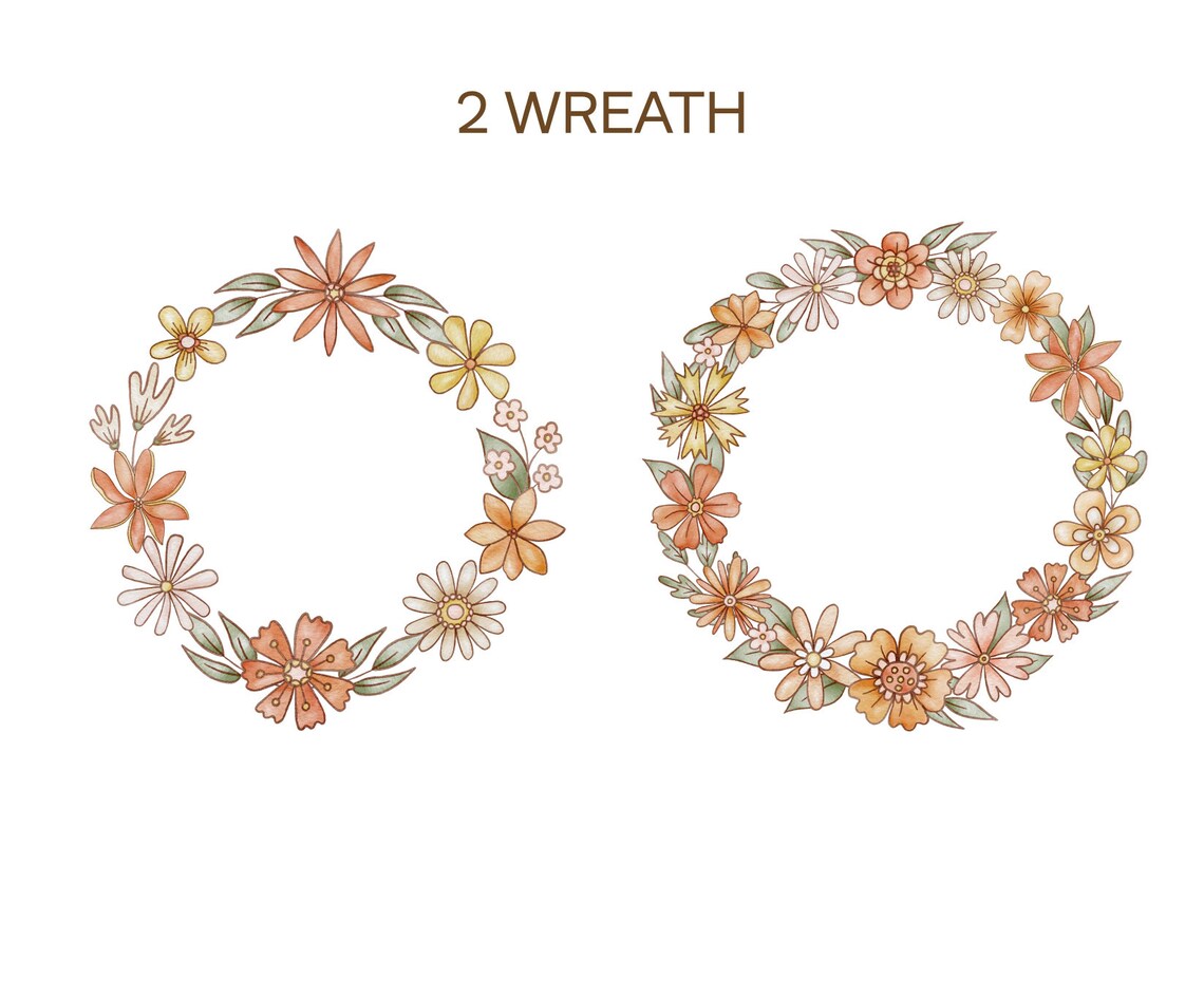 Watercolor Groovy Retro Flowers Clipart. Boho Floral Wreaths 70s ...