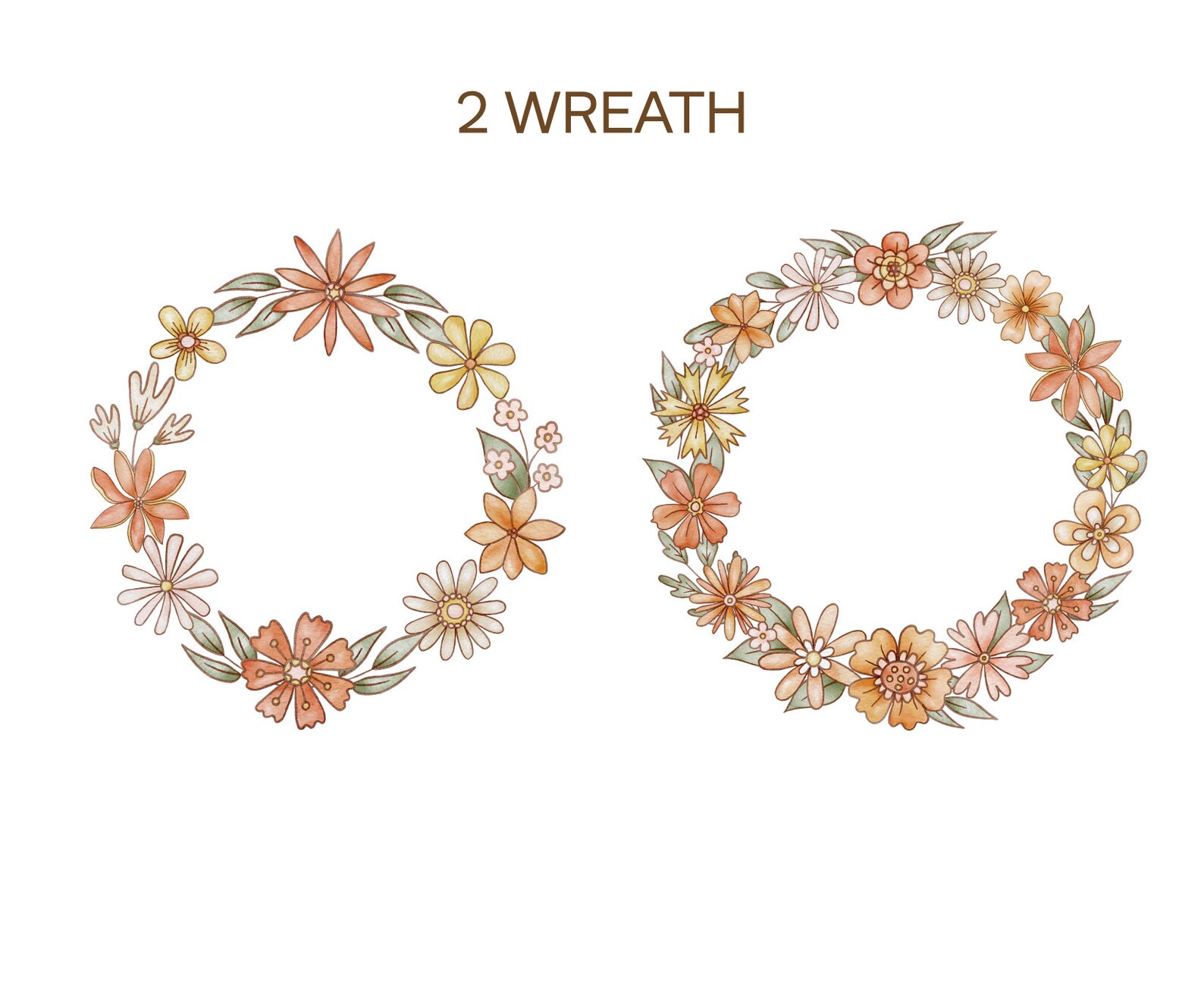 Watercolor Groovy Retro Flowers Clipart. Boho Floral Wreaths 70s ...