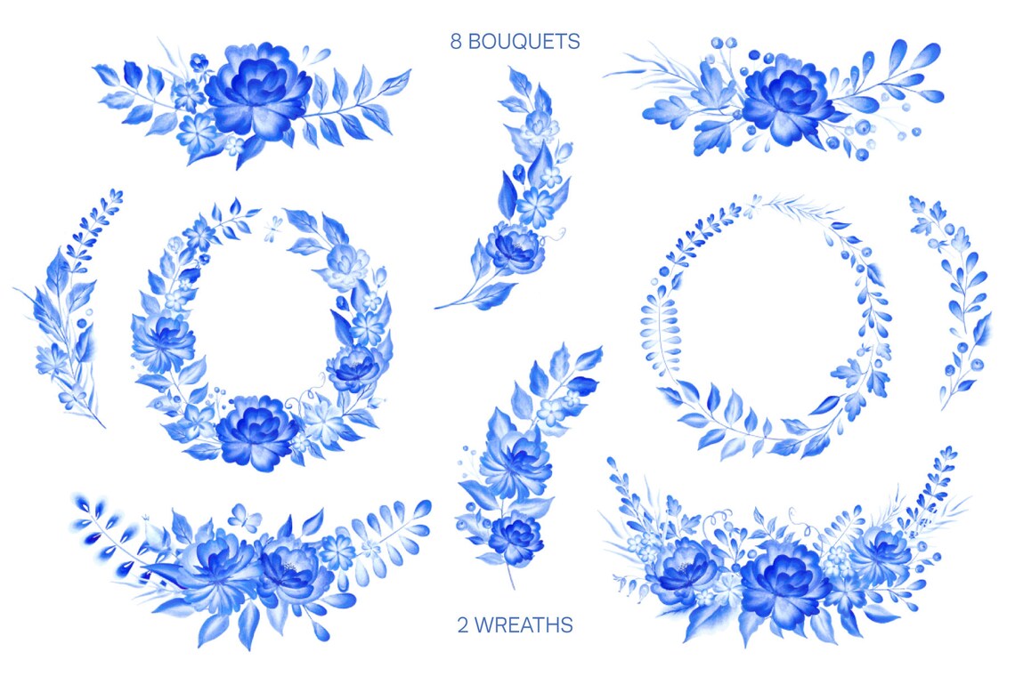 Blue Watercolor Digital Flowers Clipart. Floral Arrangements & Wreaths ...