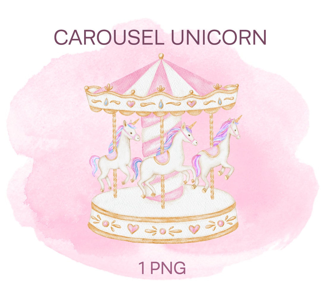Watercolor Carousel Unicorn Clipart, Pink Carousel PNG, Baby Shower ...