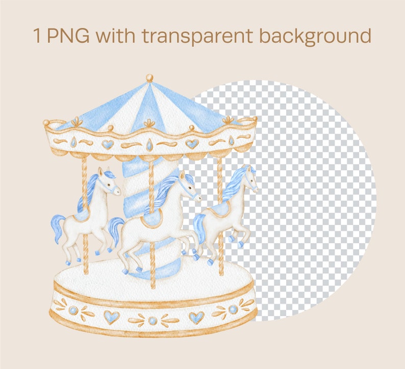 Watercolor Blue Carousel Clipart, Baby Shower Clipart, Carousel Horse ...