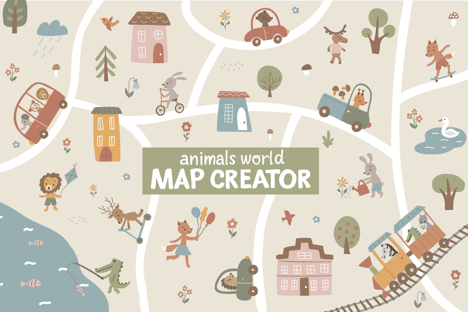 Cute Baby Animals City Map Creator Clipart, Transport and Houses ...