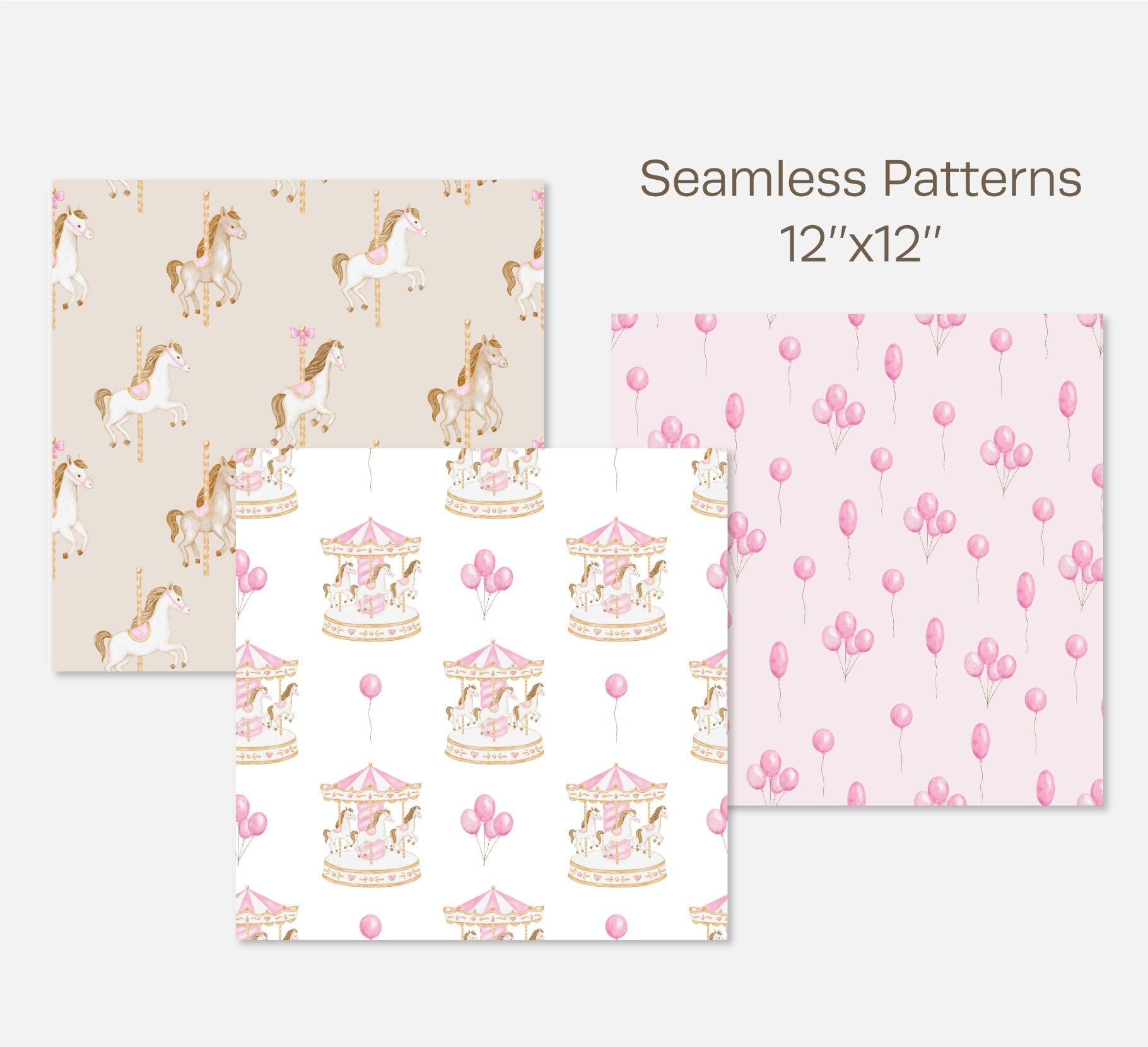 Watercolor Pink Carousel Digital Papper Pack, Carousel Horse Seamless ...