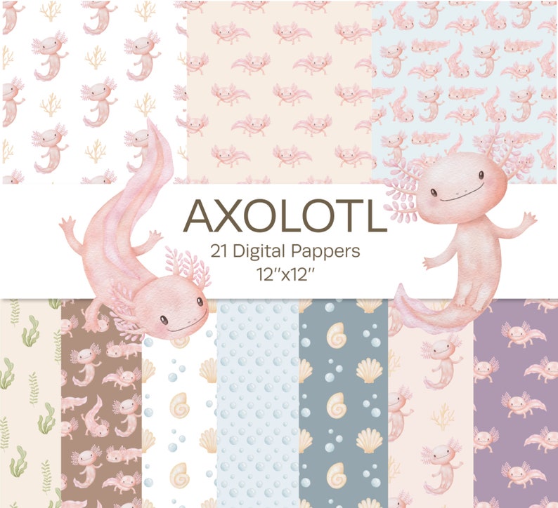 Watercolor Axolotl Digital Papper Pack, Nursery Decor for Boys and ...
