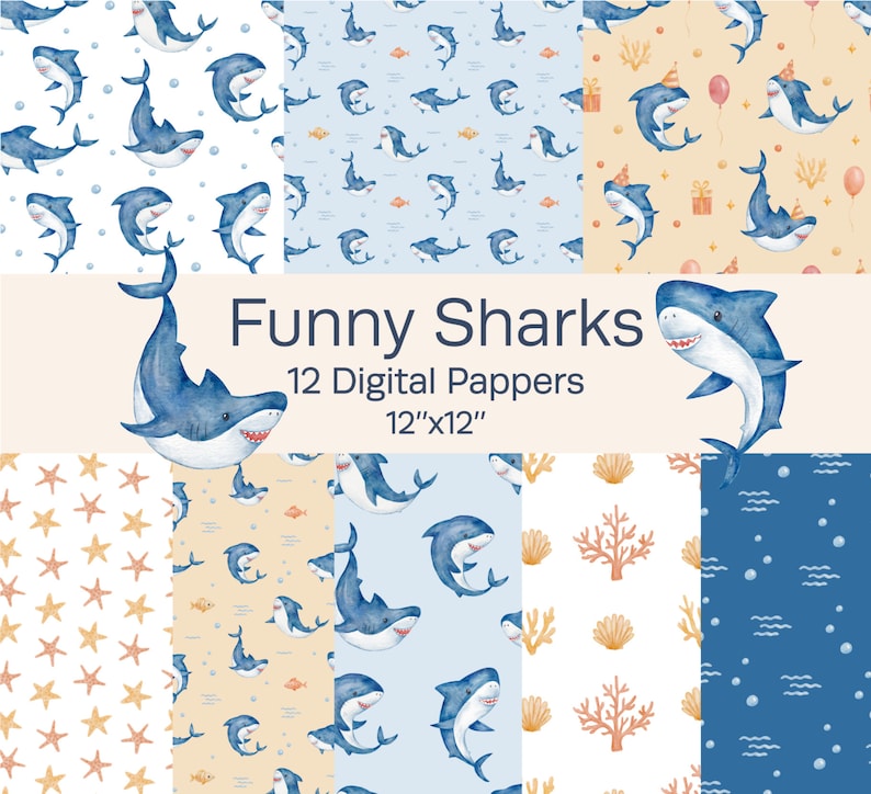 Watercolor Shark Digital Papper Pack, Shark Birthday Party Decorations ...