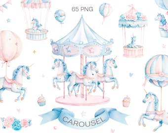 Watercolor Blue Carousel Clipart, Carousel Horse PNG, Nursery Decor ...