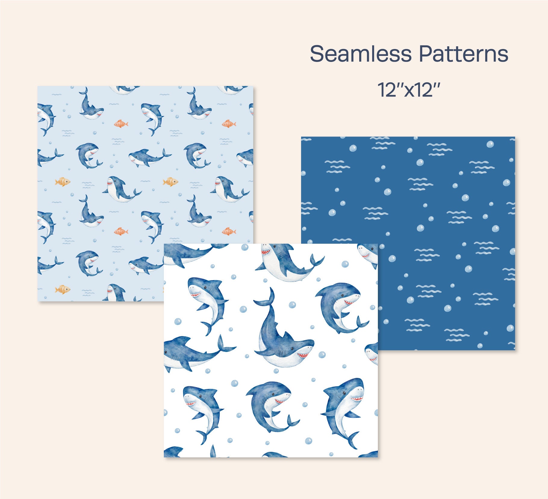 Watercolor Shark Digital Papper Pack, Shark Birthday Party Decorations ...