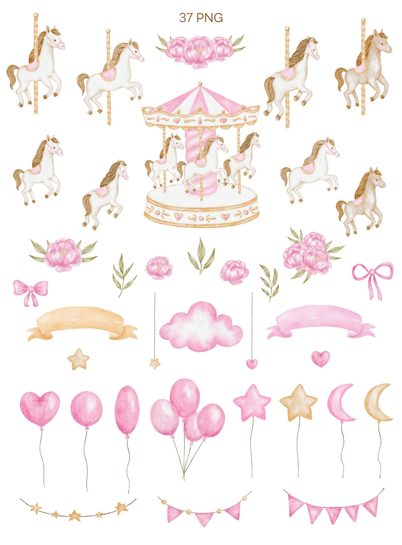Watercolor Pink Carousel Clipart, Carousel Horse PNG, Nursery Decor ...