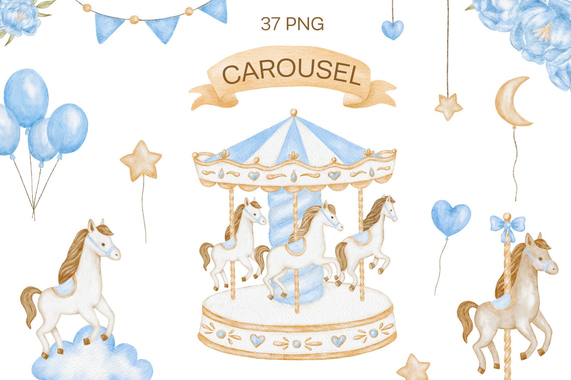 Watercolor Blue Carousel Clipart, Carousel Horse PNG, Nursery Decor ...