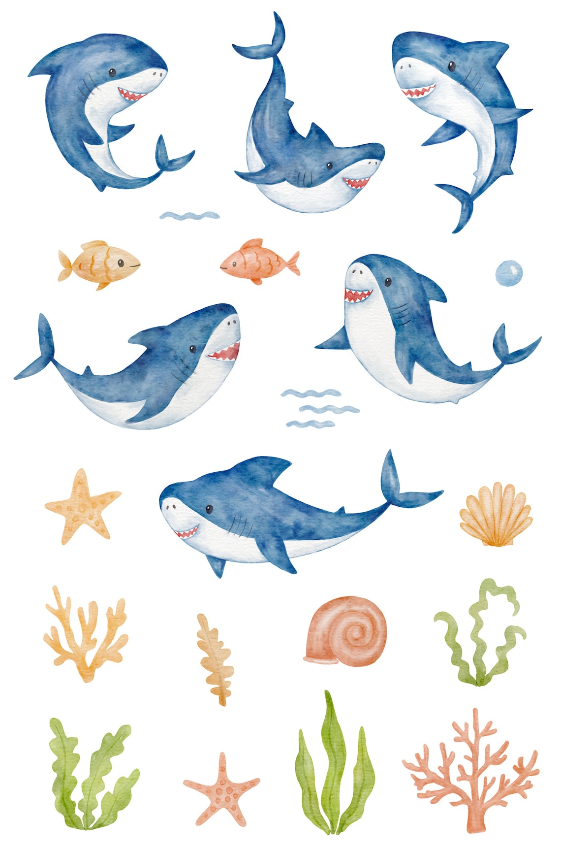 Watercolor Shark Clipart, Nursery Birthday Decorations, Baby Wall Art ...