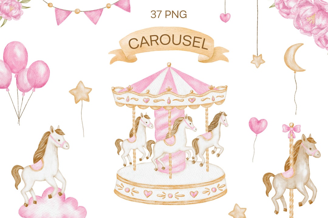 Watercolor Pink Carousel Clipart, Carousel Horse PNG, Nursery Decor ...