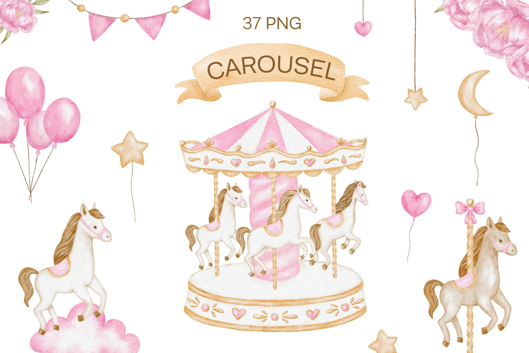 Watercolor Pink Carousel Clipart, Carousel Horse PNG, Nursery Decor ...