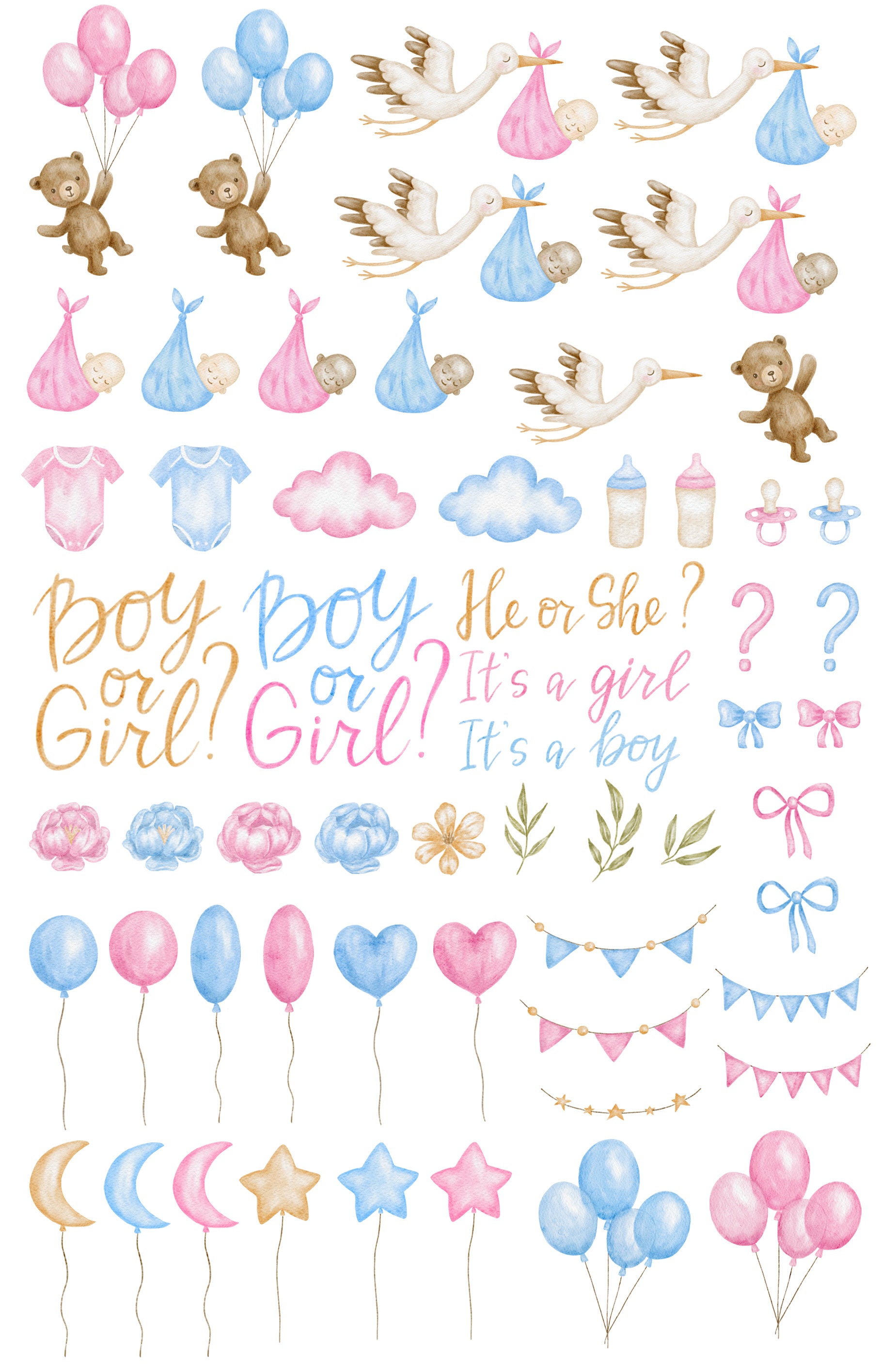 Gender Reveal Decorations Clipart, Watercolor Balloons Clipart, for Boy ...