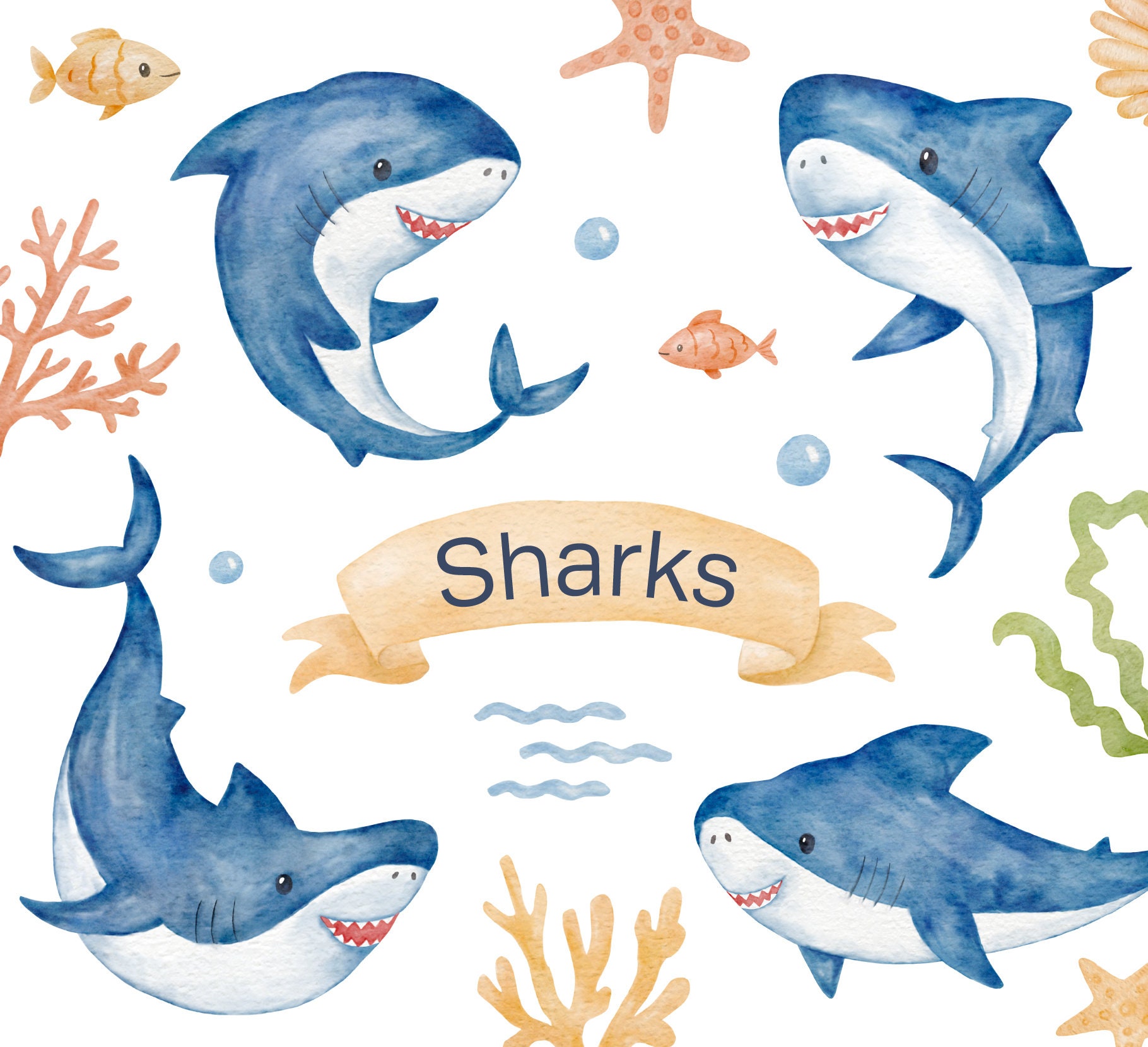 Watercolor Shark Clipart, Nursery Birthday Decorations, Baby Wall Art ...