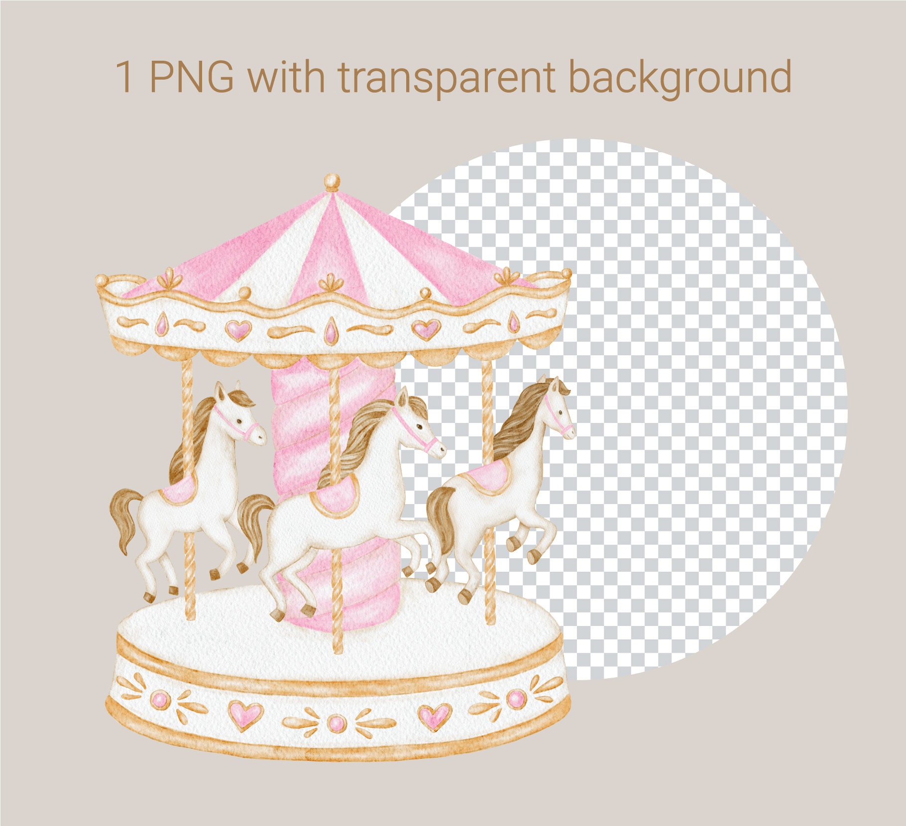 Watercolor Pink Carousel Clipart, Nursery Decor, Carousel Horse PNG ...