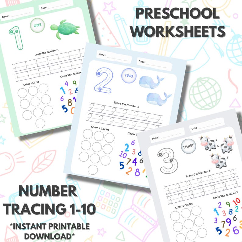 Preschool Number Tracing/learning Worksheets - Printable - Instant PDF ...