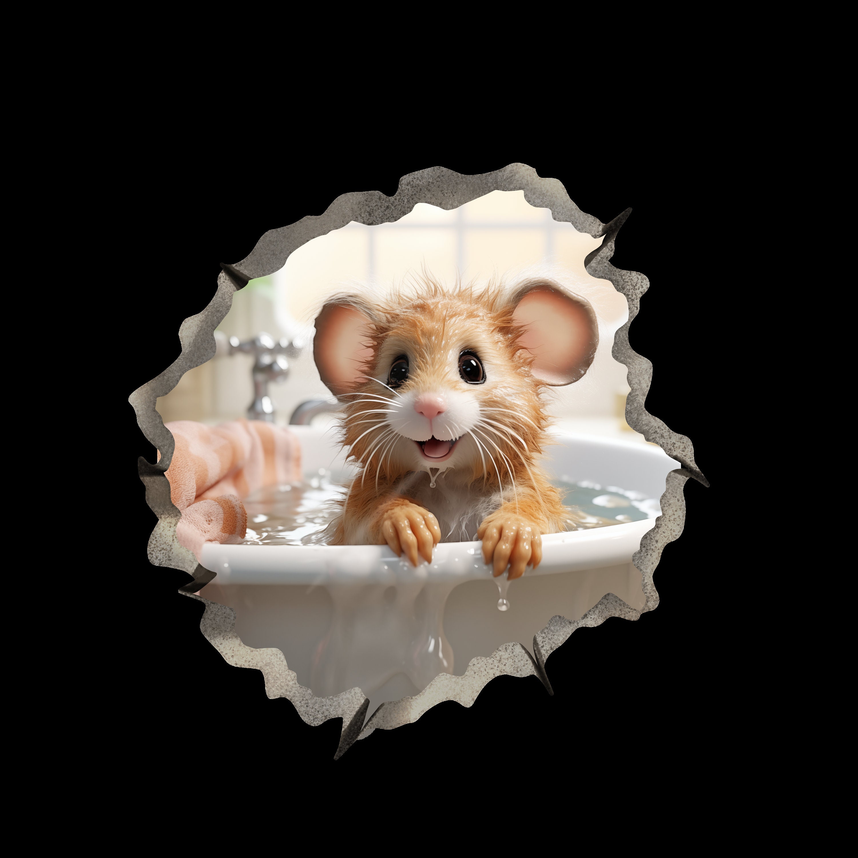 Mouse Taking a Bath in His Mouse Hole Decal, 3D Mouse Sticker, Wall ...