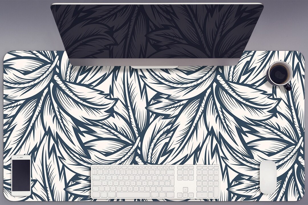 Drawn Leaves, Gray, Desk Pad, Gaming Desk Mat XXL, Decorative Mat ...